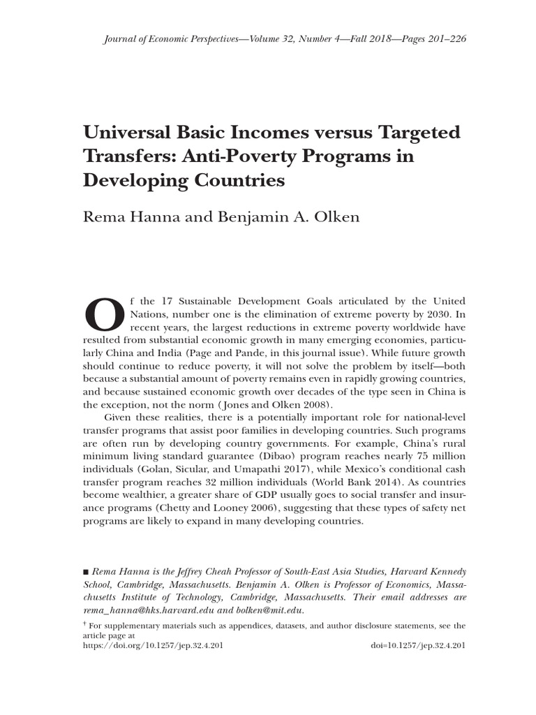 Hanna Olken 2018 Universal Basic Incomes Versus Targeted Transfers Anti Poverty Programs in ...