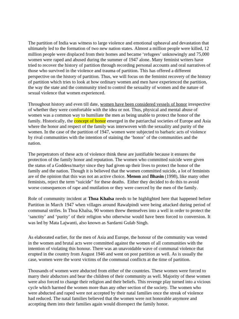 Women During Partition of India Docx | PDF | Violence | Partition Of India