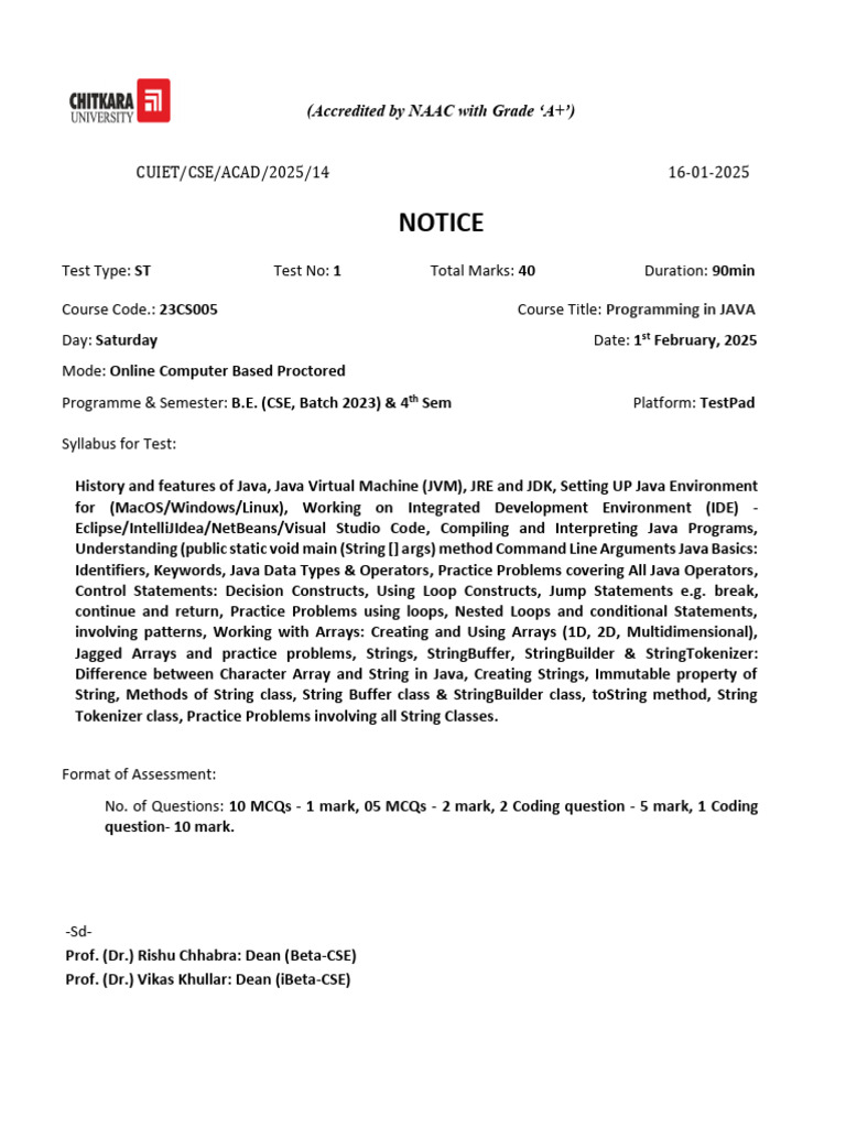 Circular_20250116111019_Announcement_Of_(st1)_Programming_In_Java_(1) | PDF