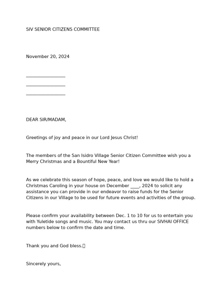 SIV Senior Citizens Caroling Letter | PDF