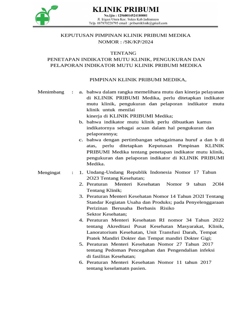 SK Penetapan Indikator Mutu Klinik | PDF