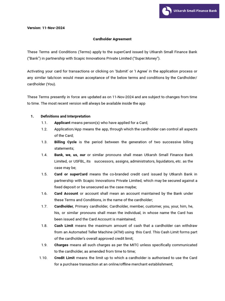 Supercard Card Holder Agreement v3 | PDF | Credit Card | Banks