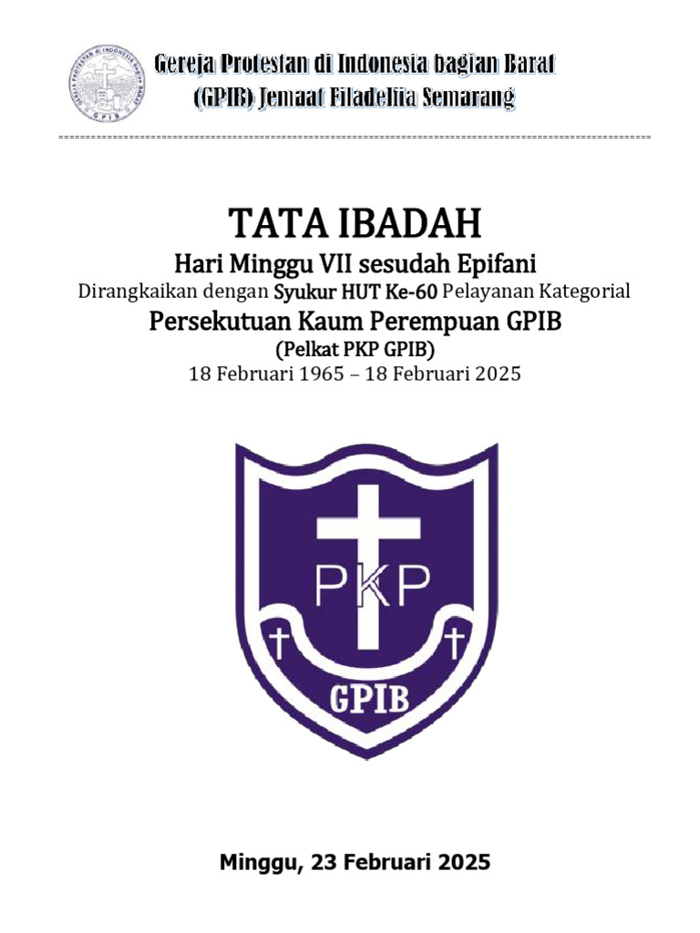 Tata Ibadah Minggu, 23 Februari 2025 (Hut Pelkat Pkp Gpib Ke-60) | PDF