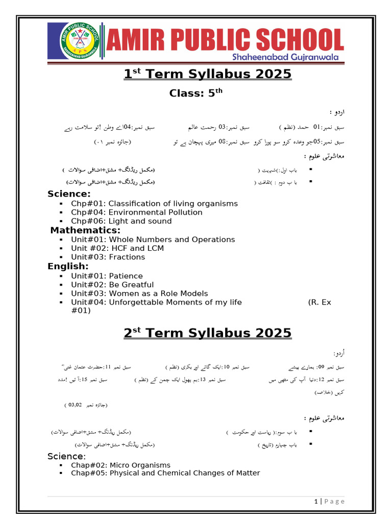 5th Class Syllabus 1st Term | PDF