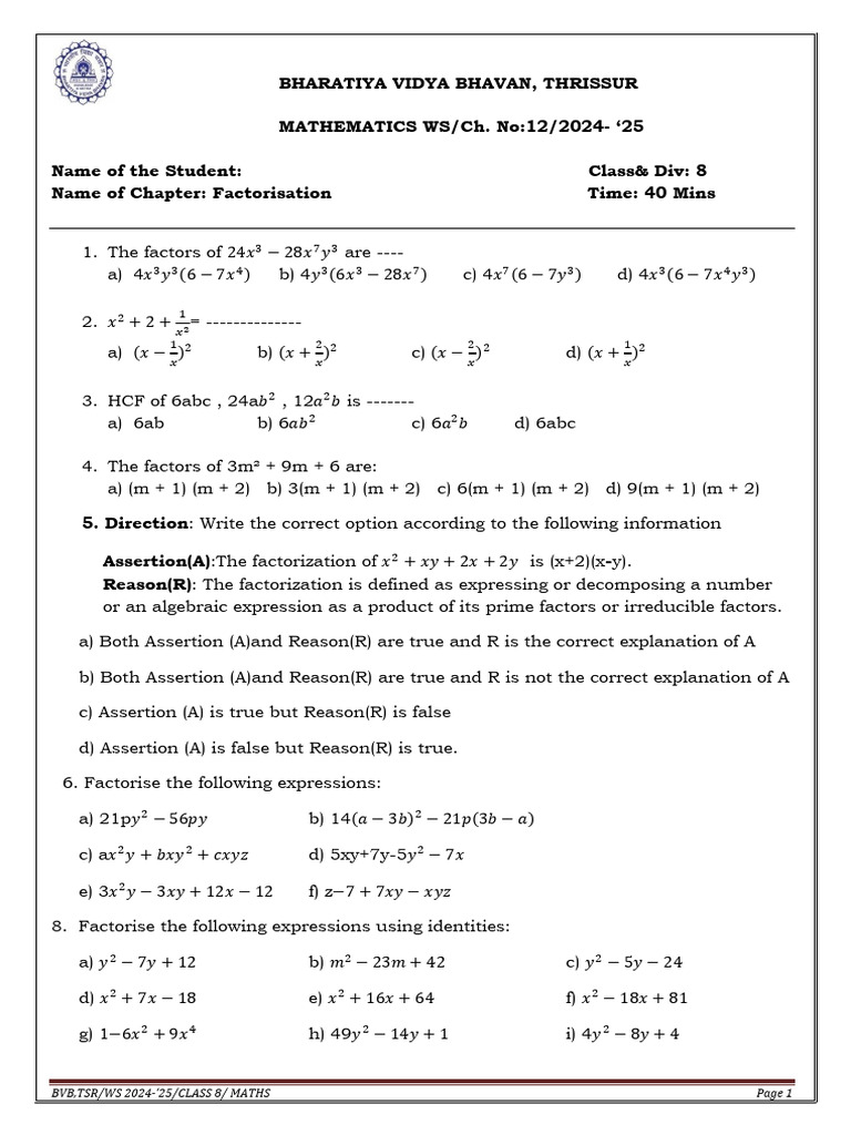 Worksheet Factorisation | PDF | Factorization | Algebra
