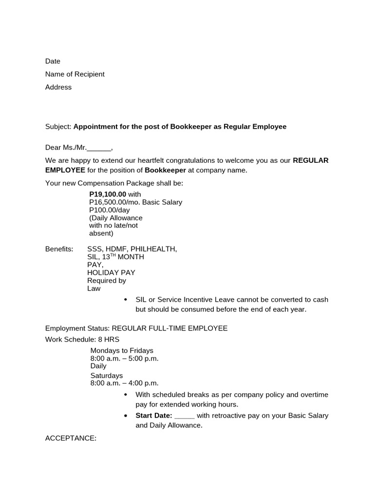 Bookkeeper Appointment Letter | PDF