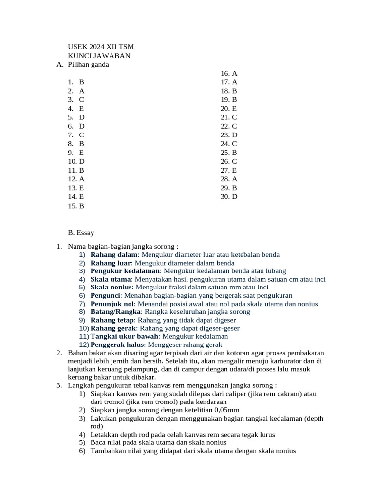 Jawaban USEK 24-25_Dasar Keahlian_XII TSM | PDF