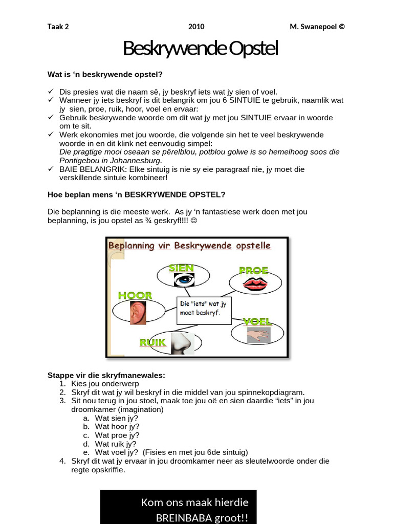 Graad 8 HT Beskrywende Opstel Werkstuk | PDF