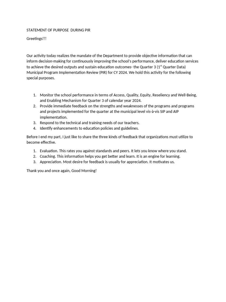 Statement of Purpose During PIR | PDF