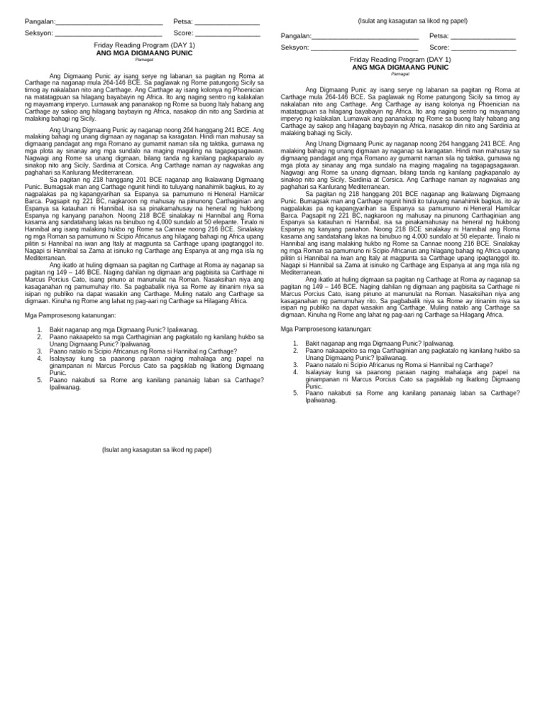 Digmaang Punic Friday Reading Program | PDF