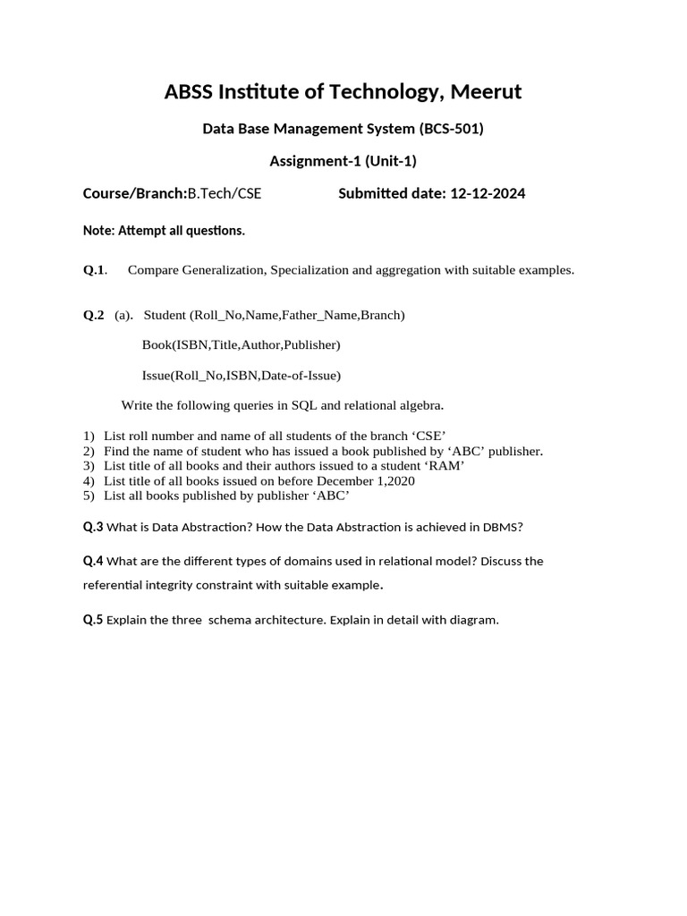DBMS Assignment 1 | PDF
