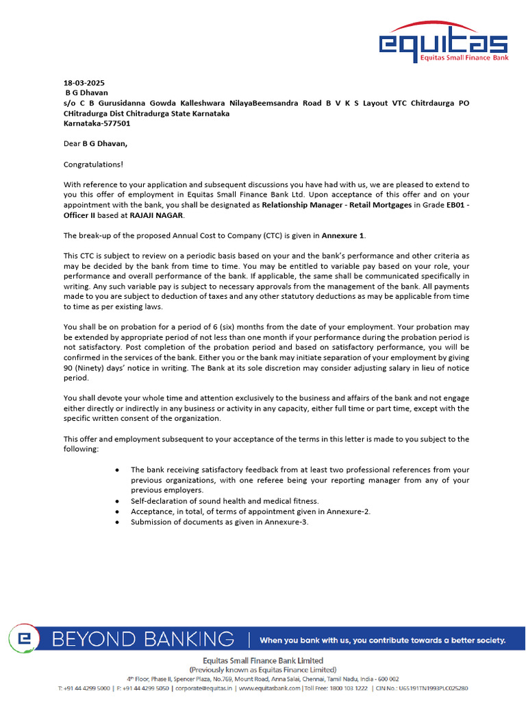 Equitas Small Finance Bank Offer Letter | PDF | Arbitration ...