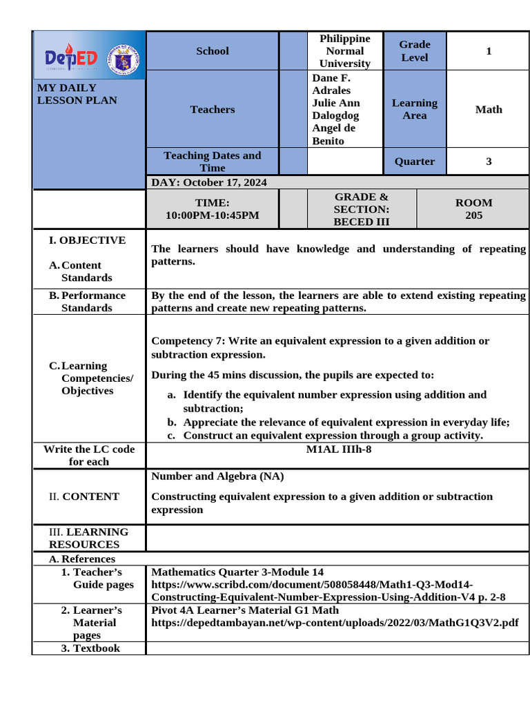 Grade 1 Math Lesson Plan: Patterns | PDF | Teachers | Numbers