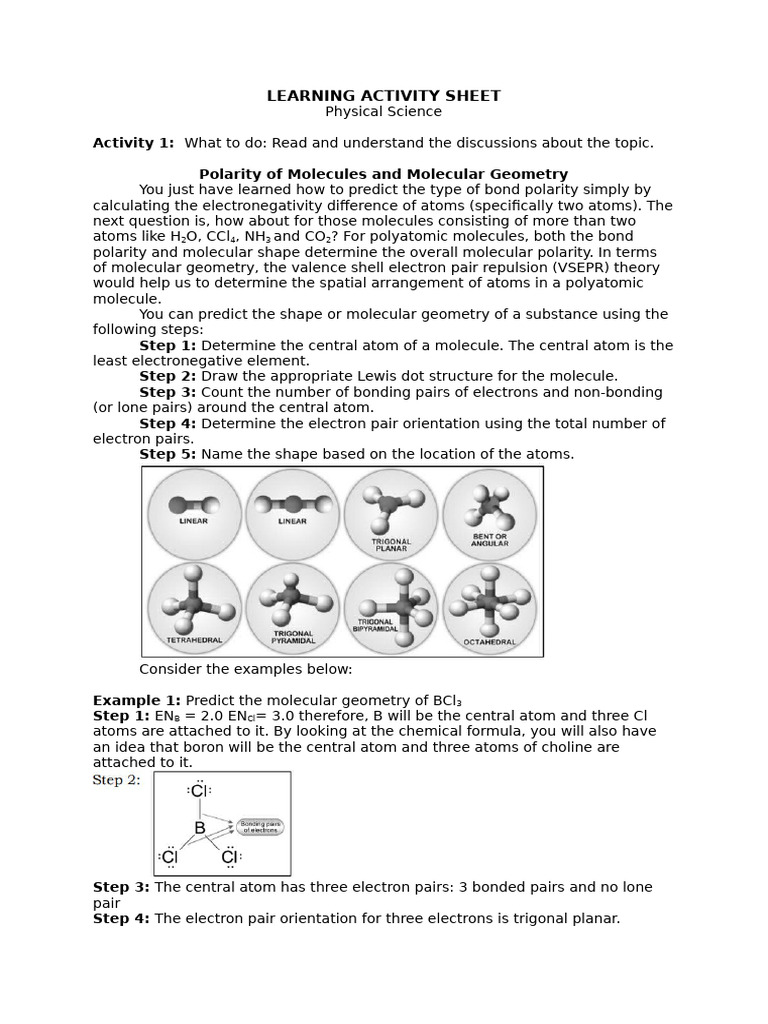 LEARNING ACTIVITY SHEET PS | PDF | Chemical Polarity | Chemical Bond