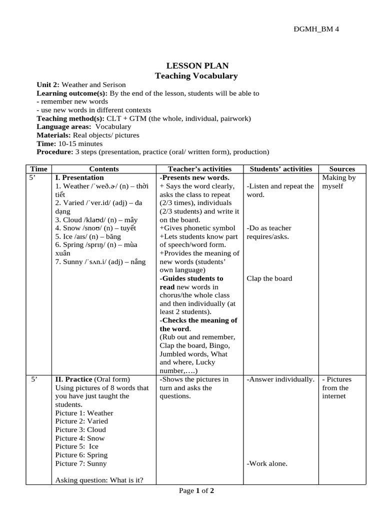 Sample of Lesson Plan-Vocabulary | PDF | Vocabulary | Cognitive Science