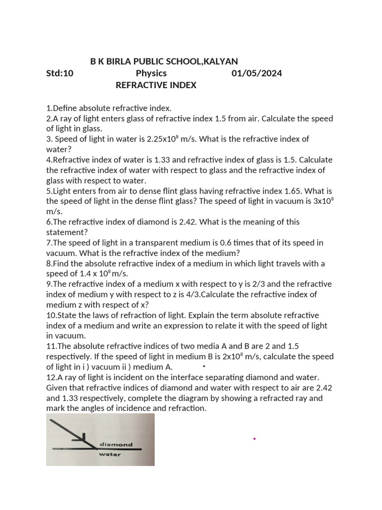 Worksheet Based On Refractive Index 2 | PDF