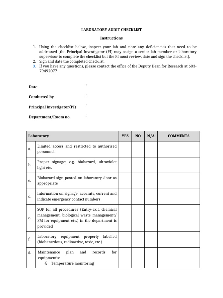 Laboratory Audit Checklist | PDF