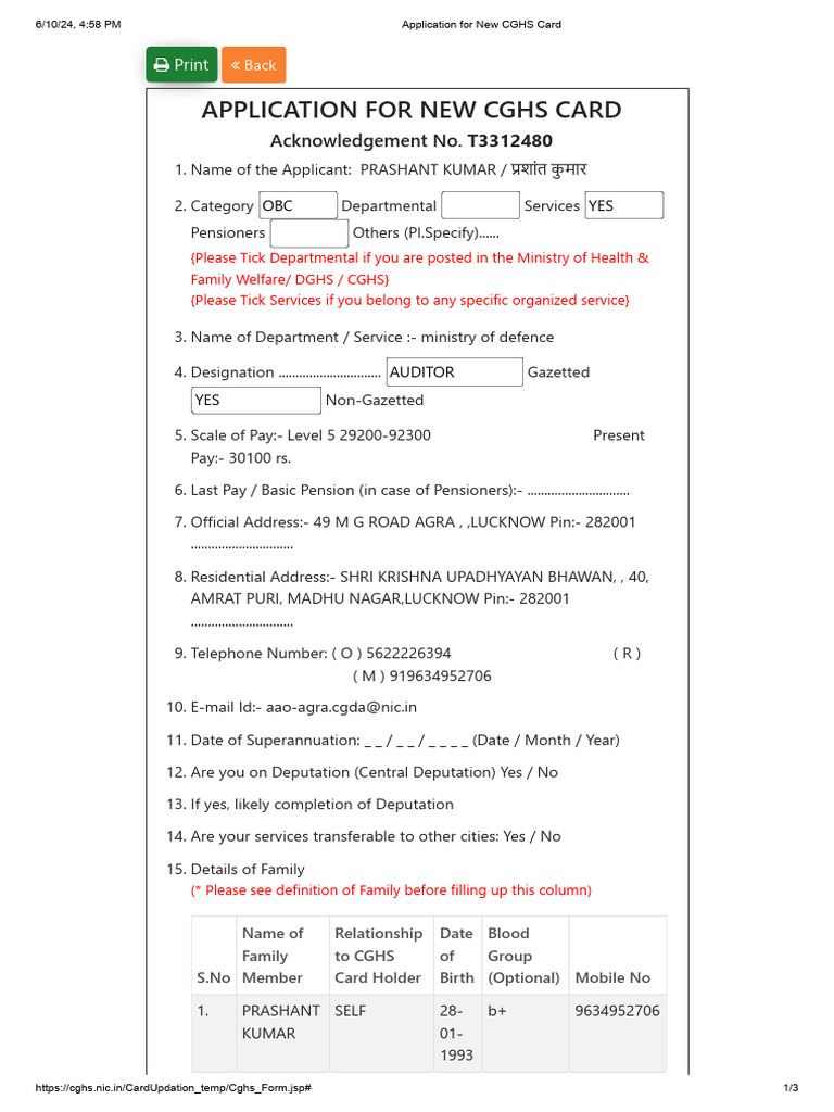 Application for New CGHS Card | PDF | Identity Document