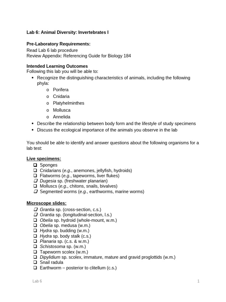 Invertebrate Animal Diversity Lab Guide | PDF | Sponge | Mollusca