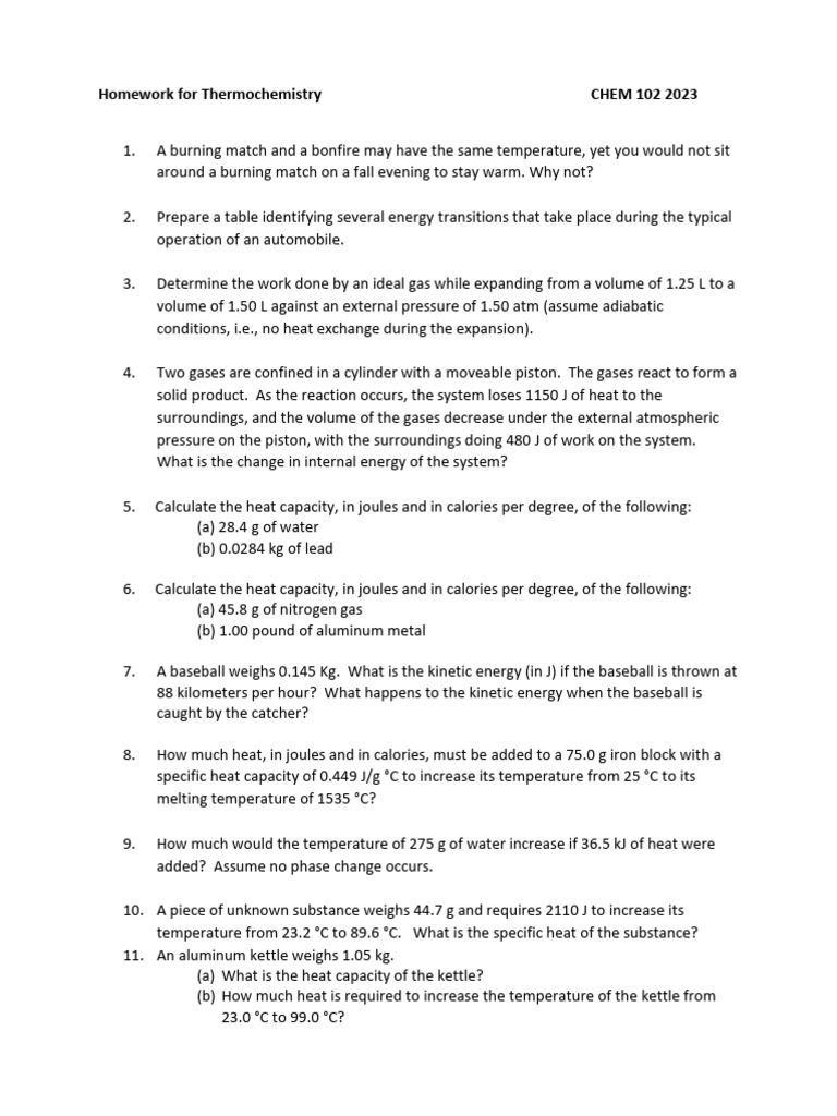 Thermochemistry Homework 2024 | PDF | Gases | Heat