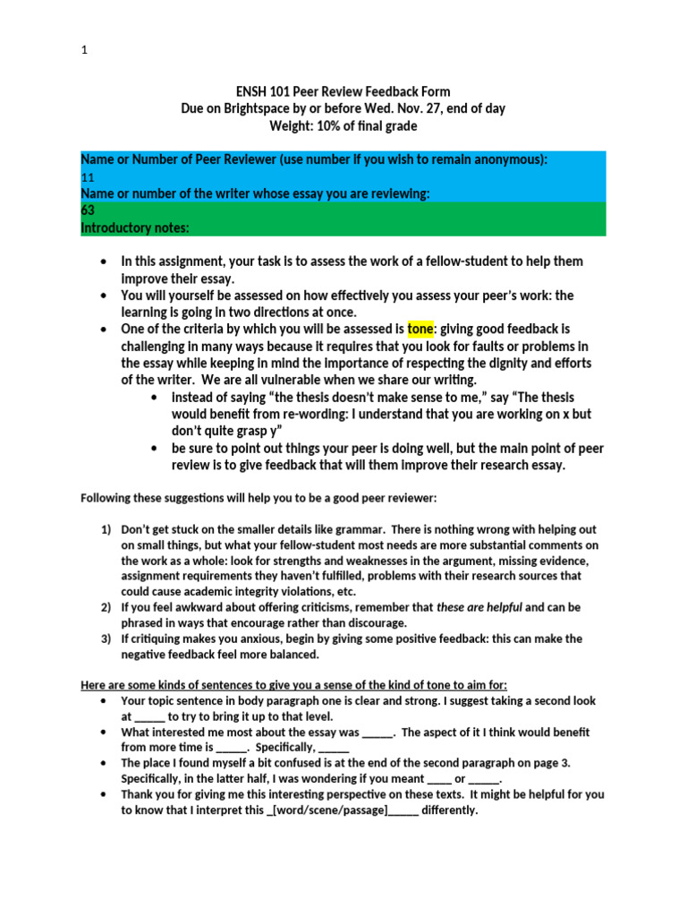 Peer Review Feedback Form | PDF | Essays | Peer Review