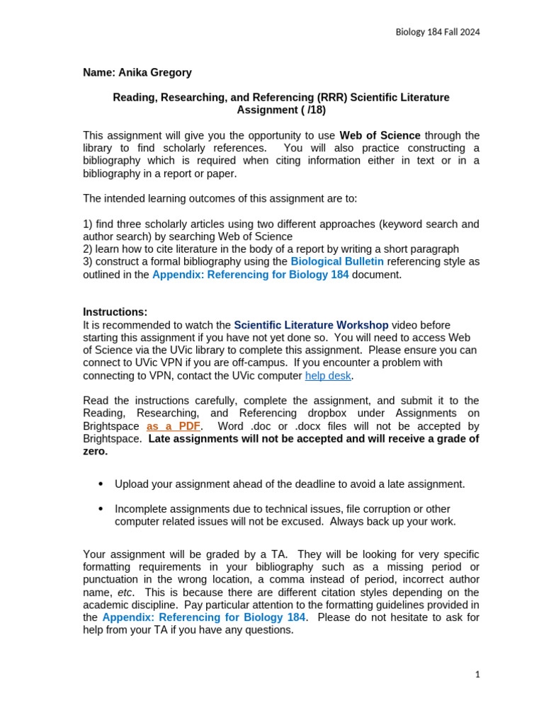 Referencing Assignment Biology 184 | PDF | Citation | Academic Publishing