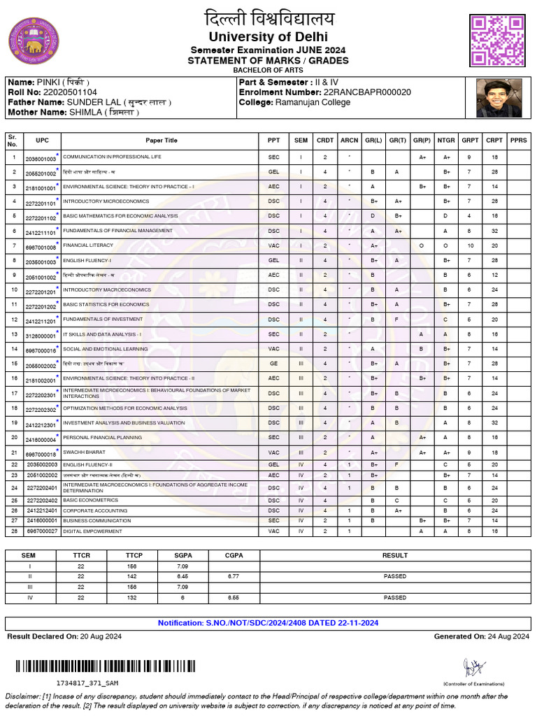 University of Delhi: Semester Examination JUNE 2024 Statement of Marks ...