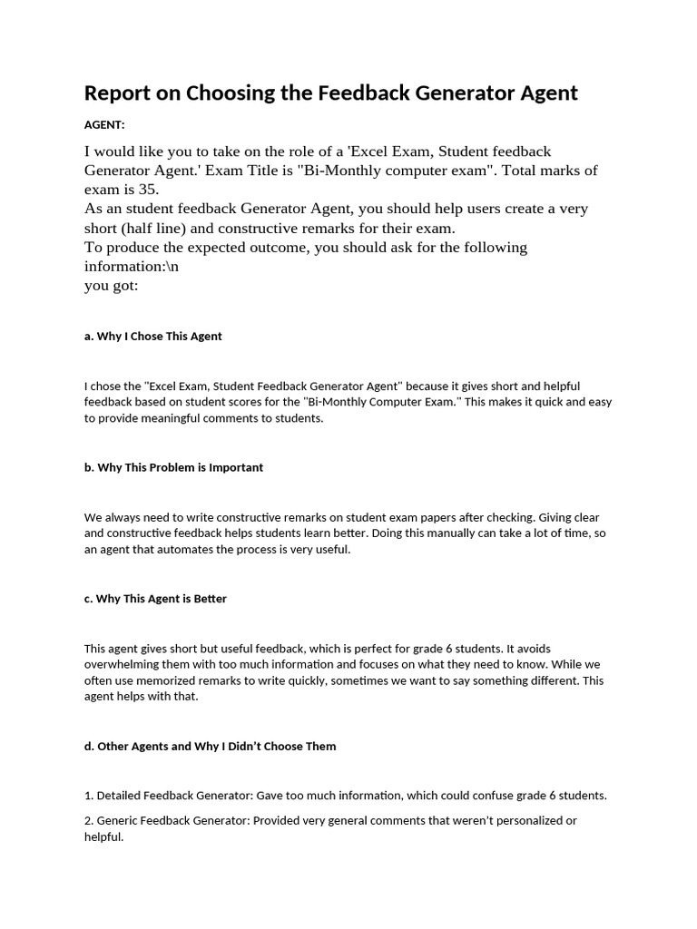 Report On Choosing The Feedback Generator Agent | PDF | Cognition ...