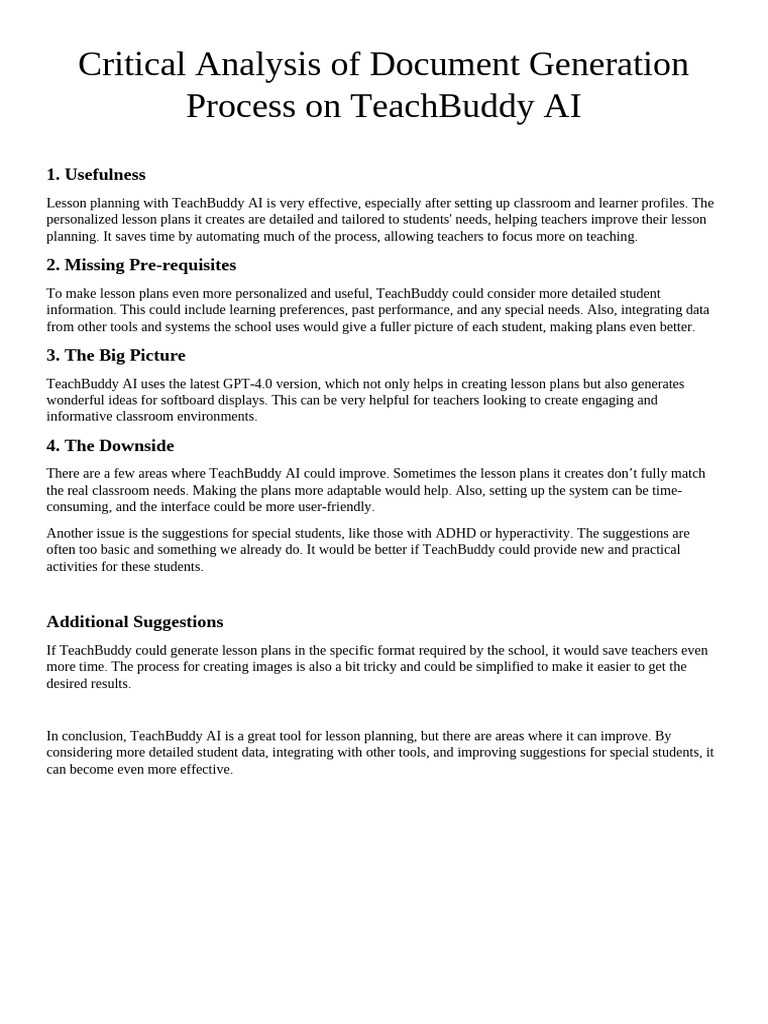 Critical Analysis of Document Generation Process on TeachBuddy AI | PDF