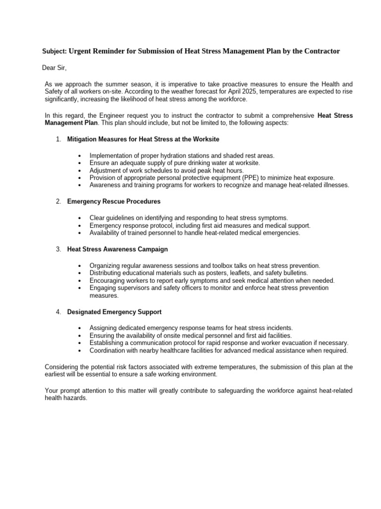 Urgent Reminder for Submission of Heat Stress Management Plan by the ...