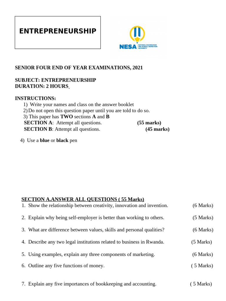 Entrepreneurship Exam of The Third Term 2021 For S4 | PDF | Equity ...