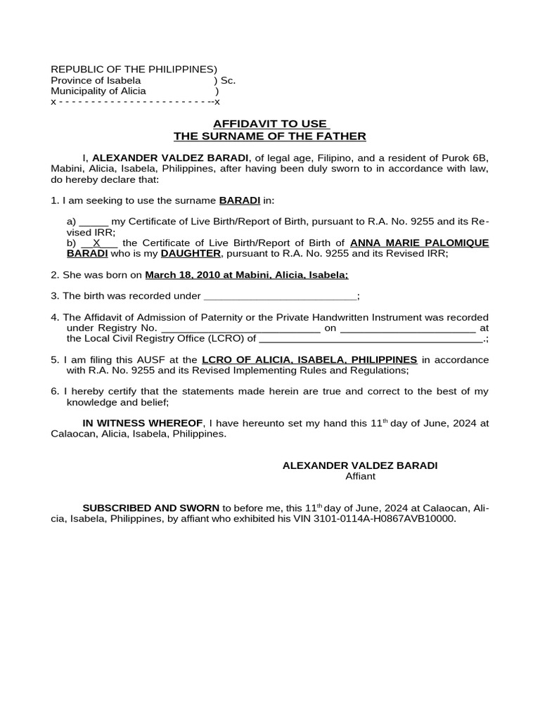 AFFIDAVIT To Use The Surname of The Father | PDF