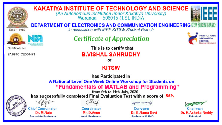 Matlab Certificate for B.vishAL SAHRUDHY (1) | PDF