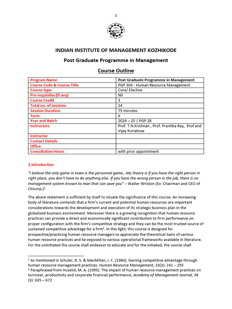 HRM Course Outline (AY 2024 - 25) (1) | PDF | Human Resource Management ...