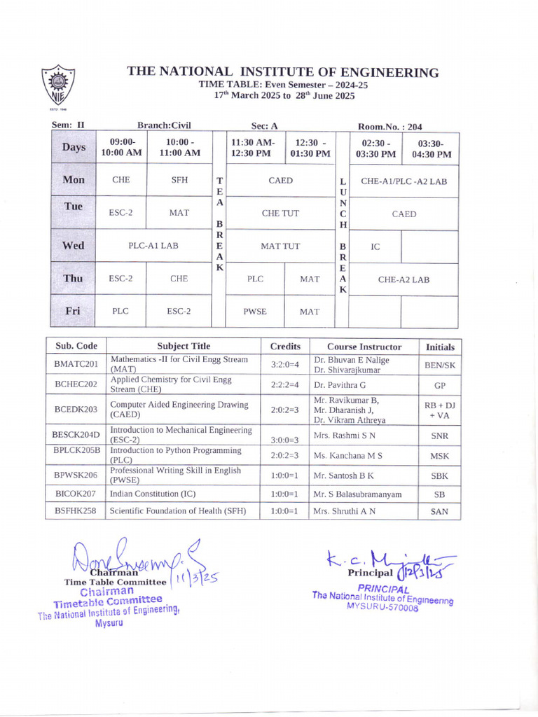 NIE South Campus 2nd Semester Class Time Table 2024 25 Civil Mech EE EC ...