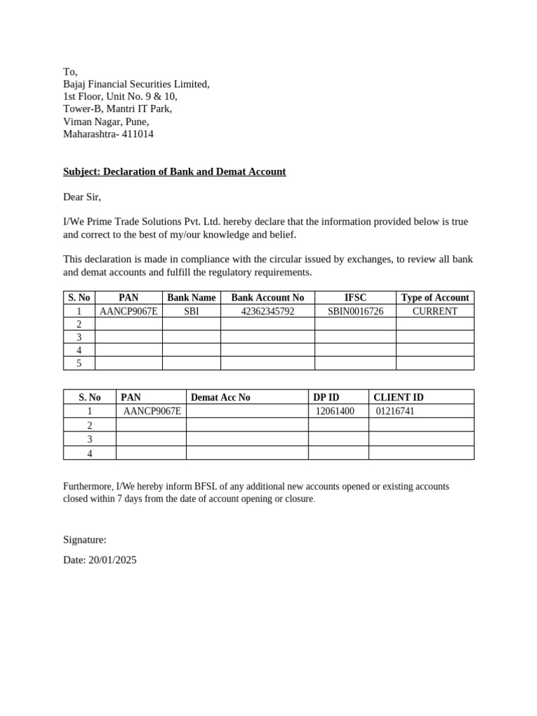 Format For Declaration For Disclosure of Bank Ac For AP | PDF
