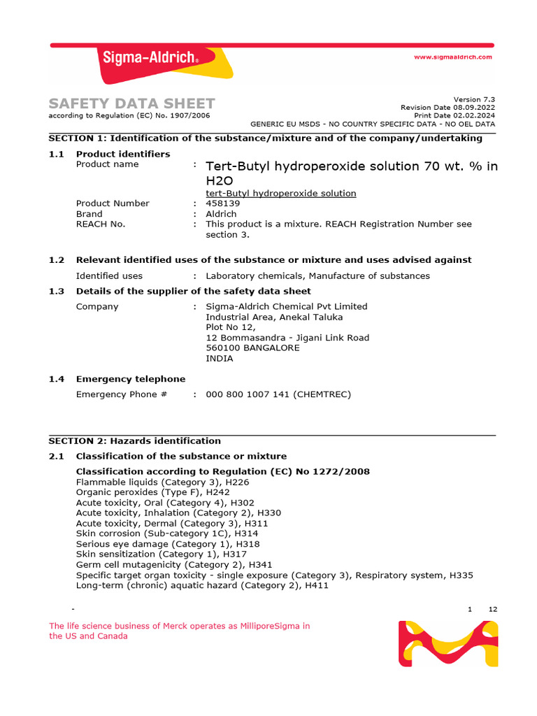 Tert-Butyl Hydroperoxide Safety Data Sheet | PDF | Toxicity ...