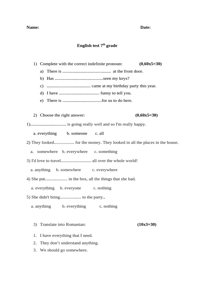 7th Grade English Test: Indefinite Pronouns | PDF