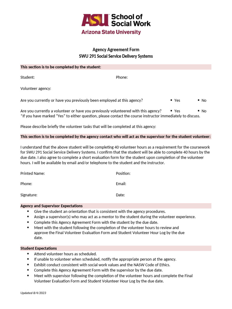 SWU 291 Agency Agreement Form | PDF