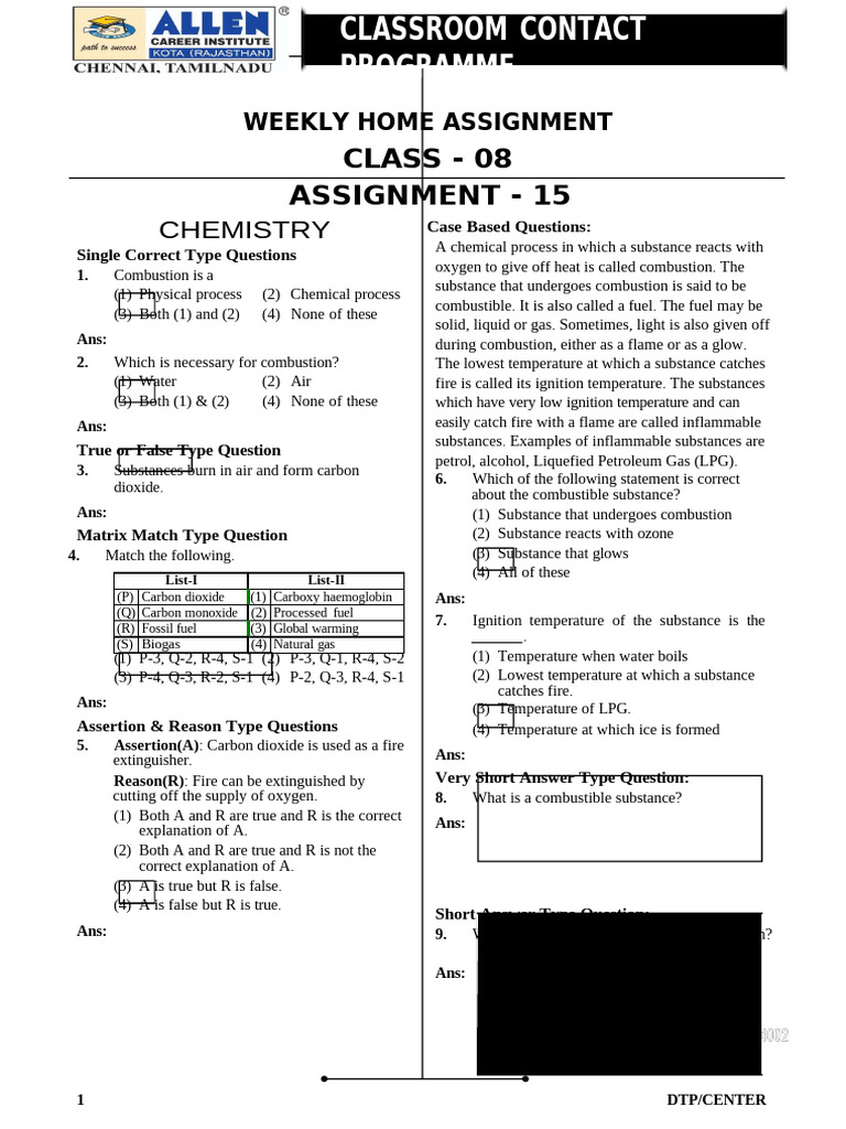 Week-15 - Class-08 - Home Assign - 24-25 - Che | PDF | Combustion | Fires