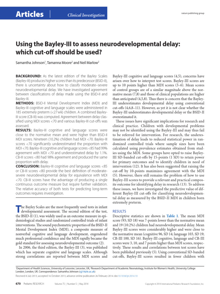 Using The Bayley-III To Assess Neurodevelopmental Delay Which Cut-Off ...