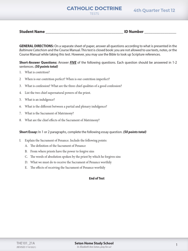 Catholic Doctrine Test 12 Fourth Quarter | PDF | Penance | Indulgence