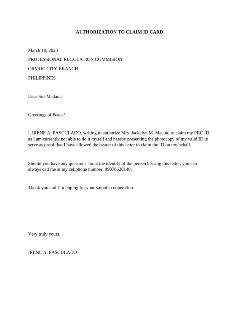 Authorization To Claim Id Card | PDF