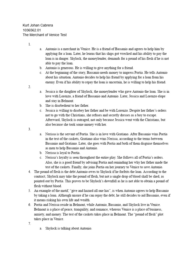 Merchant of Venice Test Overview | PDF | The Merchant Of Venice ...