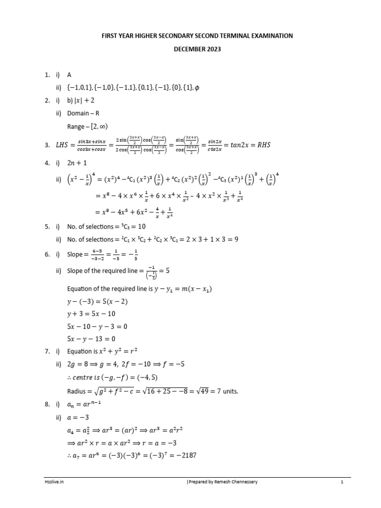 Plus One Mid Term Exam 2023 Maths Answer Key | PDF | Combinatorics | Elementary Geometry