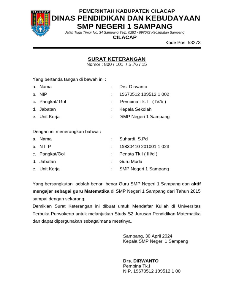 CTH Surat - Keterangan - Aktif Guru | PDF