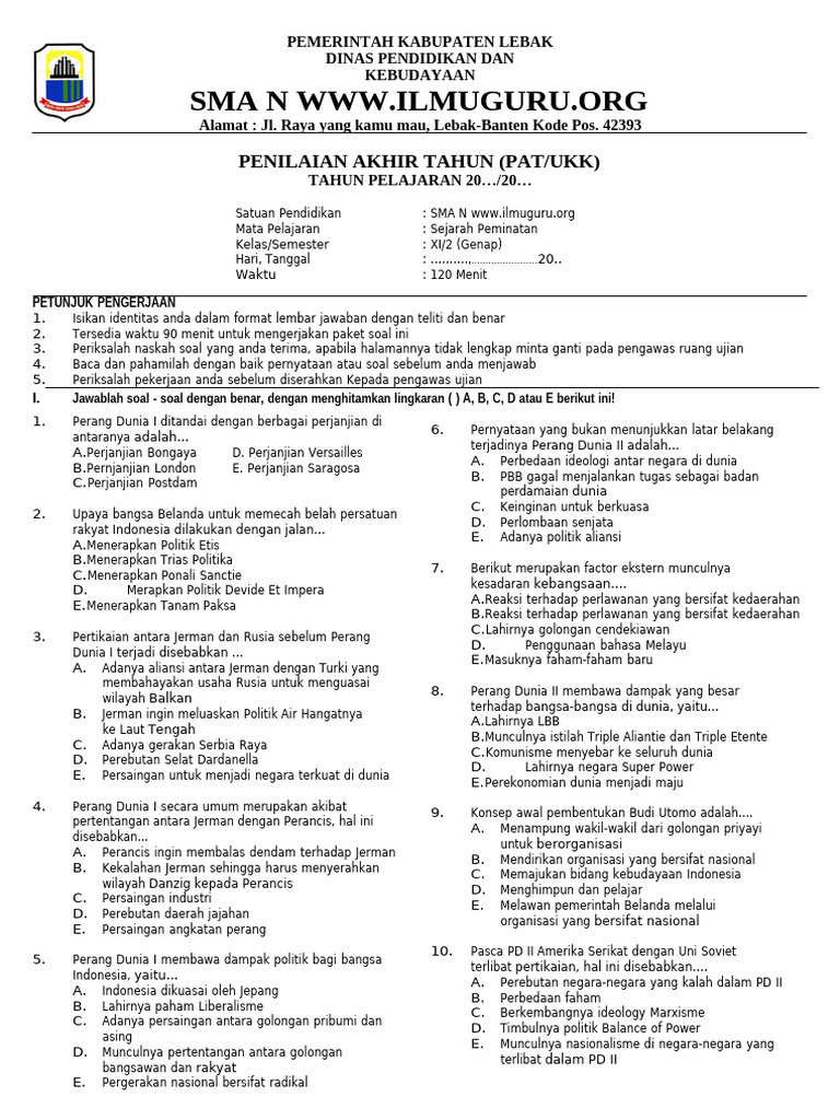 Soal PAT Sejarah Peminatan Kelas 11 | PDF