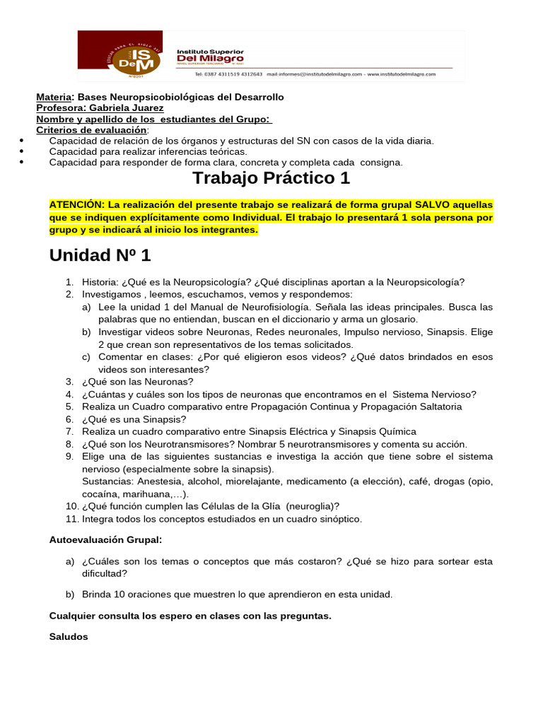 TP1 - Bases Neuropsicobiológicas Del Desarrollo - Unidad1 - 2023 | PDF | Sinapsis | Neurona