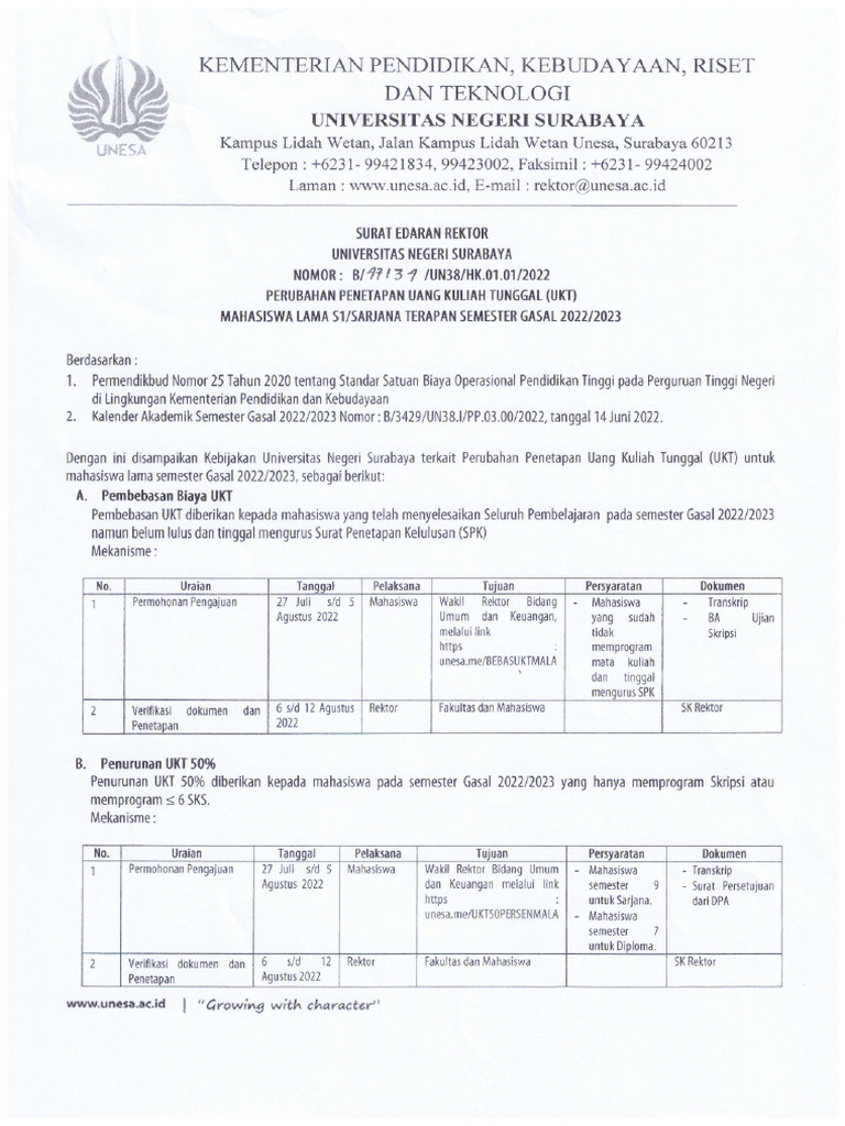 SE Rektor Perubahan Penetapan UKT Mahasiswa Lama S1Sarjana Terapatan Semester Gasal 2022-2023 | PDF
