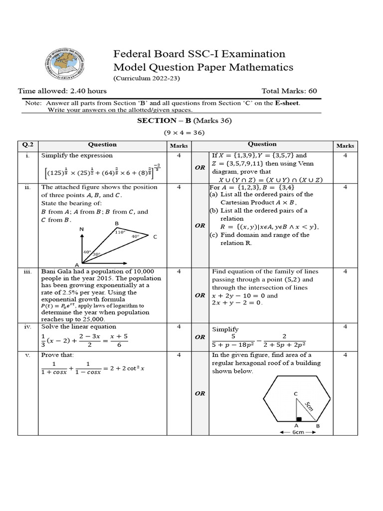 PastPapersFbise Model Question Paper Mathematics SSC-I-2 | PDF ...